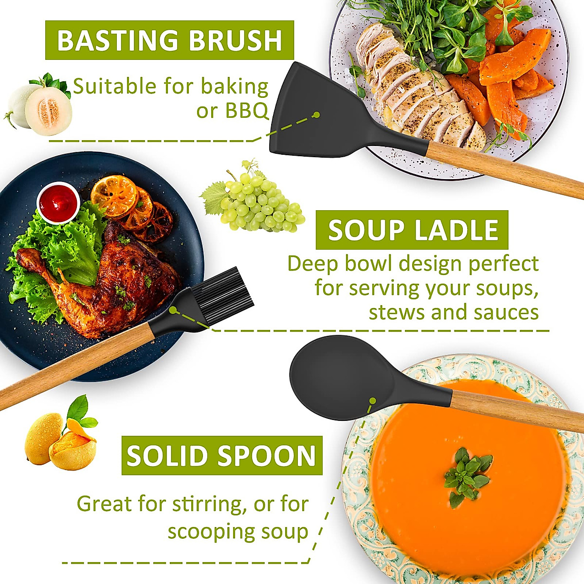 Silicone Kitchen Cooking Utensil Set, Fungun 35 Pcs Kitchen Utensils Spatula Set with Utensil Holder for Nonstick Cookware, BPA Free Cooking Utensils, Kitchen Tools Gift (Black)