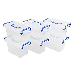 Eagrye 1.5 L Mini Plastic Storage Box, Clear Storage Bin with Handle, 6-Pack, F