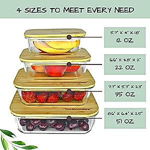 Bambooware Glass Containers with Lids | Non Plastic Glassware Set - Natural Raw Organic Wooden Bamboo Lids | Set of 4 | Reusable, BPA Free | Perfect for Meal Prep, Lunch, Leftovers, Kitchen