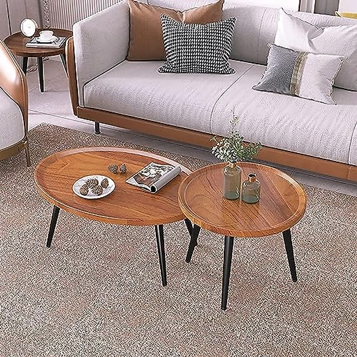 Nesting Coffee Table Oval,Wood Creative Sofa Side End Tables, Coffee Tables/Nightstand Set of 2,Black Metal Legs with Adjustable Foot Pad,for Living Room Bedroom Balcony (Color : Light Brown)