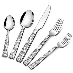 LIANYU 60-Piece Silverware Set for 12, Stainless Steel Flatware Set, Hammered Square Cutlery Eating Utensils Set for Home Party Wedding, Dishwasher Safe, Mirror Finished