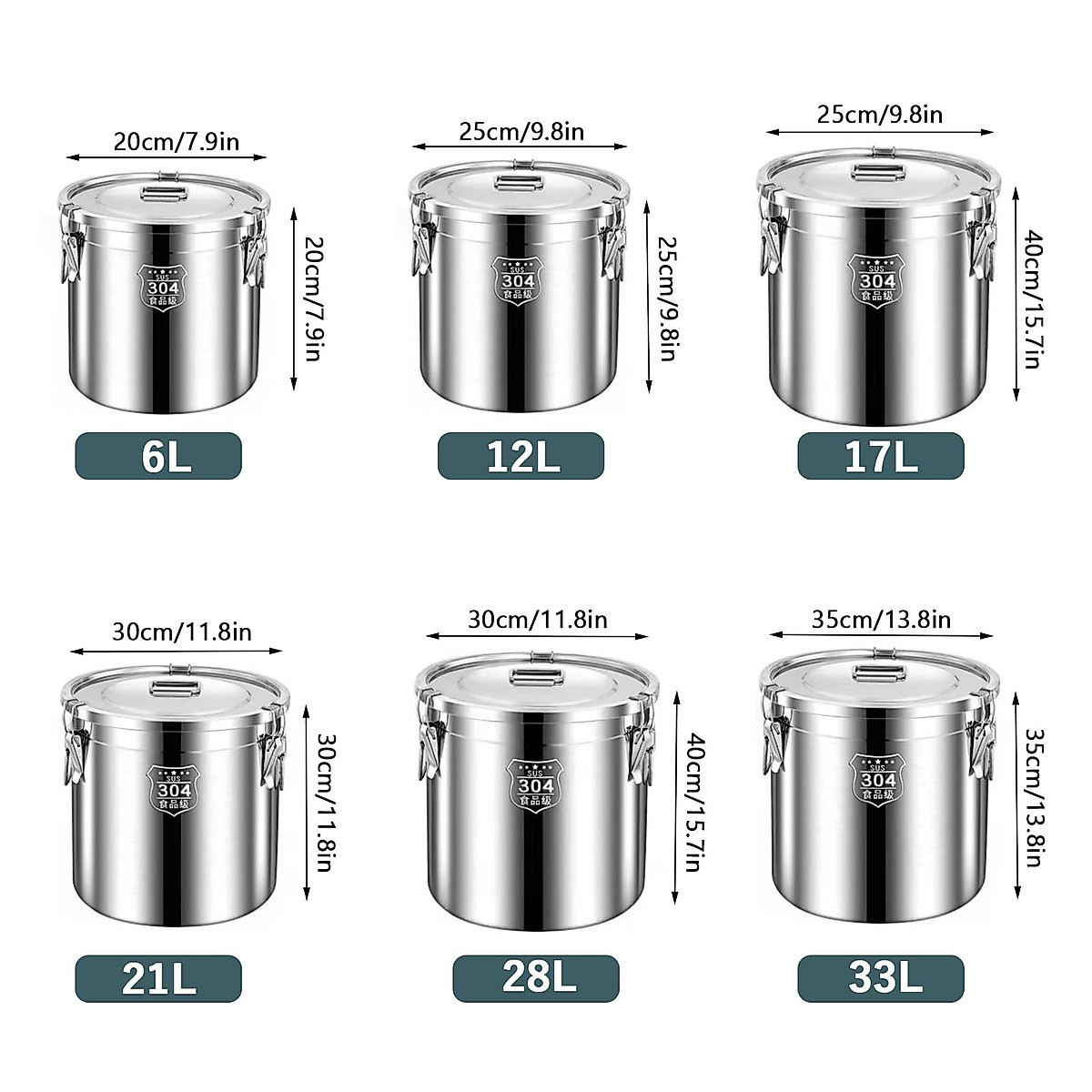 TRAGLO Stainless Steel Cereal Container with Lid and Handles Round Rice Bin Airtight Food Storage Bucket for Home Kitchen Counter 12L