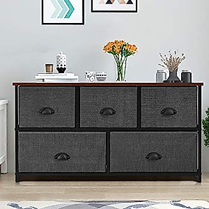 Giantex Dresser Storage Tower W/ 5 Foldable Cloth Storage Cubes,Wood Top Easy Pull Removable Fabric Bins, Organizer Unit 39.5’’(L)X12’’(W)X21’’(H) for Bedroom, Closet, Hallway, Nursery Room(Black)