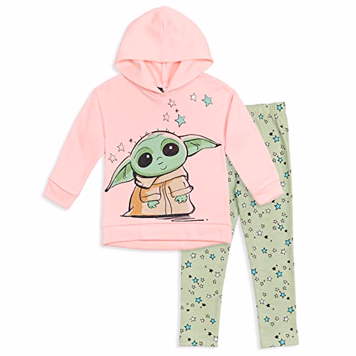 STAR WARS The Mandalorian The Child Little Girls Pullover Fleece Hoodie and Leggings Outfit Set Pink/Green 7-8
