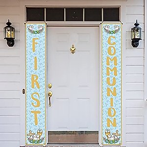 Blue First Communion Decorations Confirmation Porch Banner Baptism Front Porch Sign Christening 1st Communion Decoration and Supplies for Boys-12×71''
