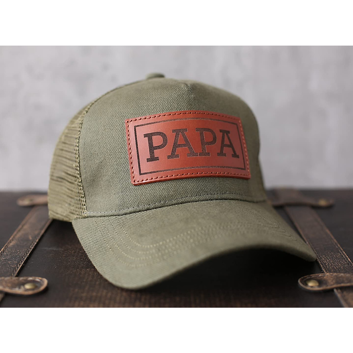 Papa Hat，Leather Patch Hat Papa for Papa Baby Announcement Gift for Papa Olive