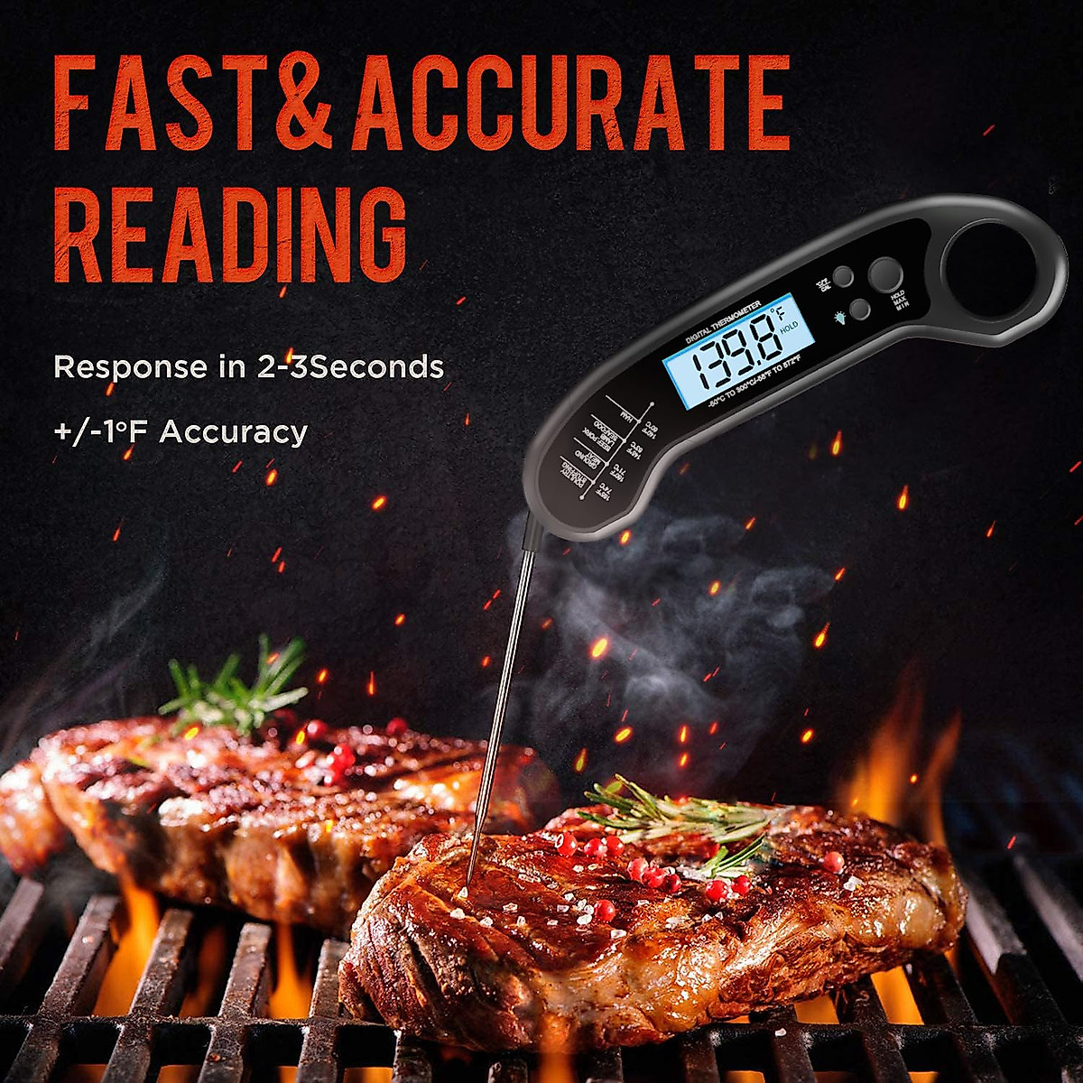 Instant Read Meat Thermometer for Cooking, Fast & Precise Digital Food Thermometer with Backlight, Magnet, Calibration, and Foldable Probe for Deep Fry, BBQ, Grill, and Roast Turkey