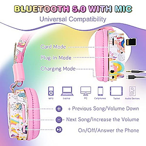 QearFun Unicorn Headphones for Girls Kids for School, Kids Bluetooth Headphones with Microphone & 3.5mm Jack, Teens Toddlers Wireless Headphones with Adjustable Headband for ipad/Tablet/PC/Smartphones