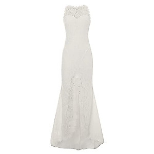 Women's White Floral Lace Slit Mermaid Wedding Dresses for Bride Summer Sleeveless Slim Maxi Long Bridal Gown