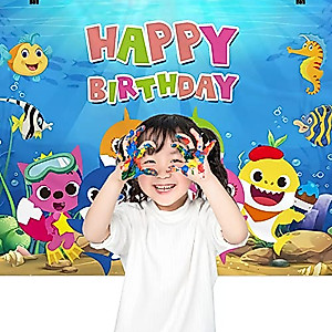 5X3 FT Shark Birthday Party Backdrop for Kids, Cartoon Birthday Party Photo Background for Baby Shower Party Decoration Boys Girls Birthday Photography Backdrop (5X3 FT-A)