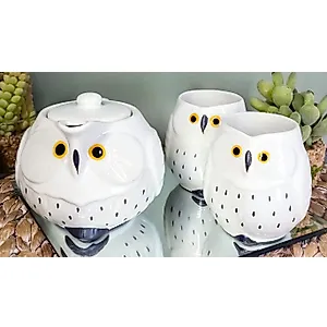 Ebros Gift Whimsical White Fat Snow Owl Ceramic 16oz Tea Pot With 2 Cups Set With Stainless Steel Strainer As Teapots And Teacups Home Decor Of Owls Owlet Nocturnal Bird