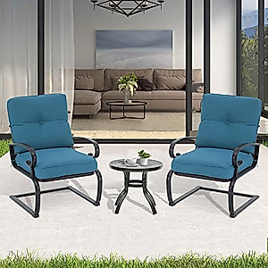 Oakcloud Outdoor Bistro Set 3-Piece Spring Metal Lounge Cushioned Chairs and Bistro Table Set Wrought Iron Cafe Furniture Seat, Blue