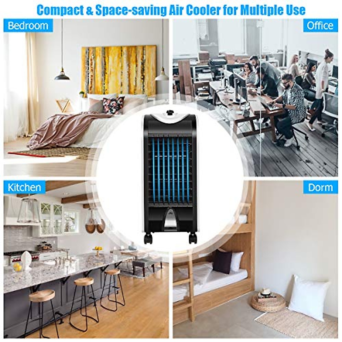 GOFLAME Evaporative Air Cooler, 3-in-1 Portable Cooling Fan with 3 Speeds and Time Function, Bladeless Air Cooling Machine with Fan & Humidifier for Home Office Dorms