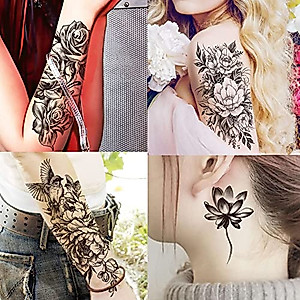 Yezunir 66 Sheets 3D Owl Tiger Flower Temporary Tattoos For Women Girls Arm Sleeve Thigh, Large Skull Lotus Snake Peony Rose Floral Temp Tattoo Sticker Adult, Fake Tattoos That Look Real and Last Long