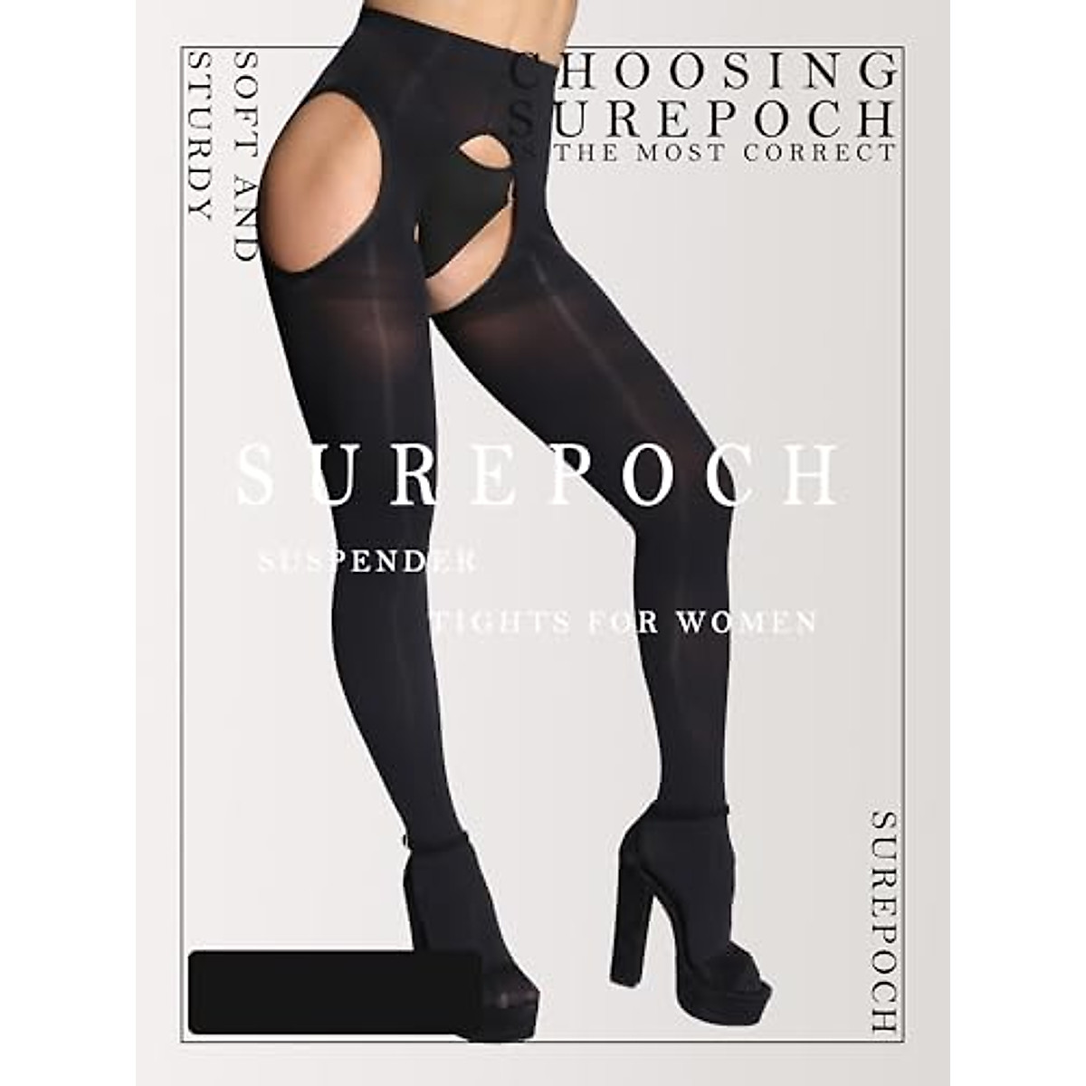 SUREPOCH Suspender Tights for Women Plus Size Garter Belt Black Control Top Pantyhose