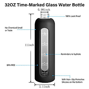 Sursip 32oz Motivational Glass Water Bottle with Time Marker, Silicone Sleeve, and Bamboo Lid - 1 Liter Reusable Drinking Bottle with Ice Cube Tray, Leak-Proof Design