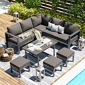 AECOJOY Aluminum Patio Furniture Set, Outdoor Modern Metal Outdoor Furniture Sofa Set, Outdoor Conversation Table and Chair Sets for Lawn, Backyard, and Deck with Dark Grey Cushions