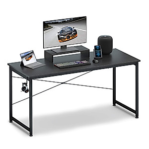 OTK Computer Desk 55" with Movable Monitor Shelf Riser, Sturdy Home Office Desk, Writing Desk, Gaming Desk with Headphone Hook, Computer Work Station, Work Table, Black