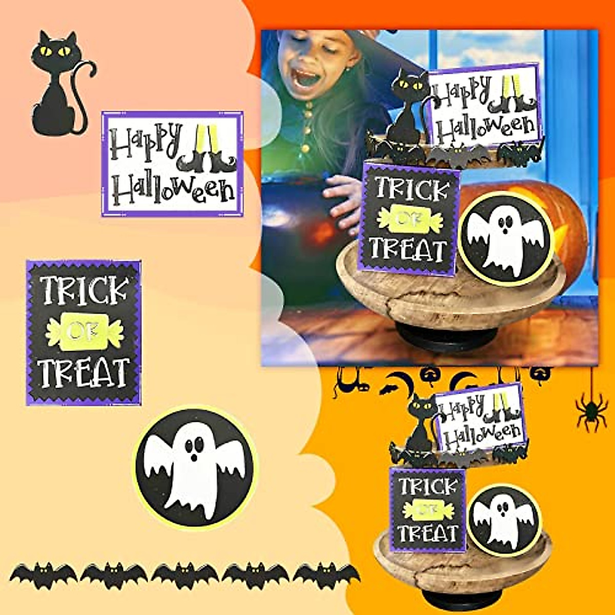 9 Pcs Halloween Tiered Tray Decorations,Halloween Signs for Halloween Home and Office Decor,Halloween Tray Decor with Witch Hat,Ghost,Bat,Tombstone,Pumpkin (7)