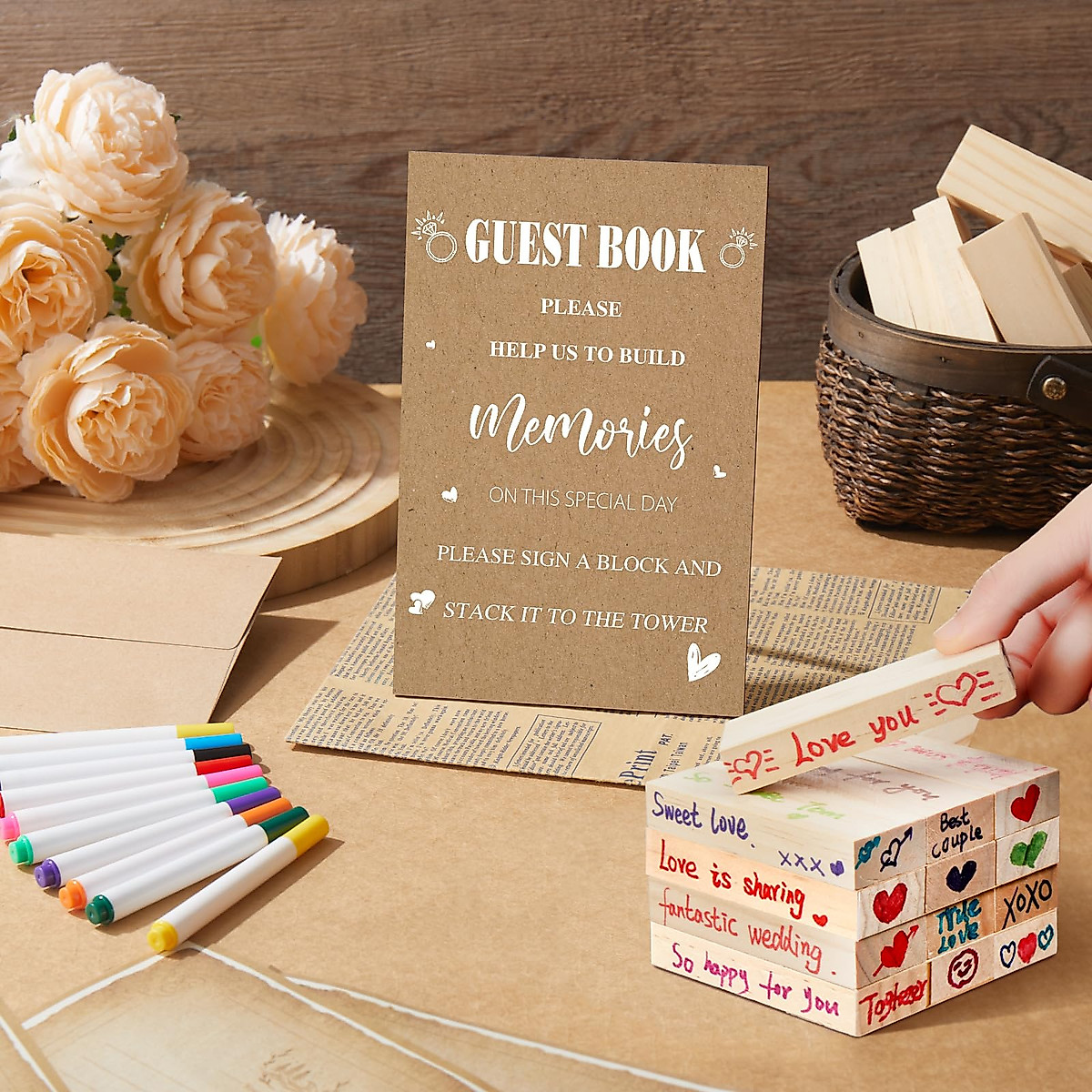 Beeveer 80 Pcs Wedding Guest Book Alternative Wooden Block Guest Book for Wedding Sign in Wedding Book Wooden Block Wedding Games Bridal Shower Game for Wedding Sign in, Reception(Boho)