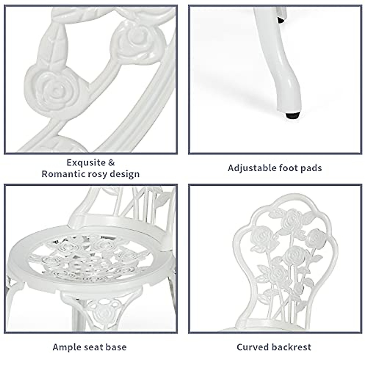 Giantex 3 Piece Bistro Set, Cast Aluminum Porch Furniture, Outdoor Patio Dining Table and Chairs with Umbrella Hole for Balcony Backyard Garden Poolside (White Rose Pattern)