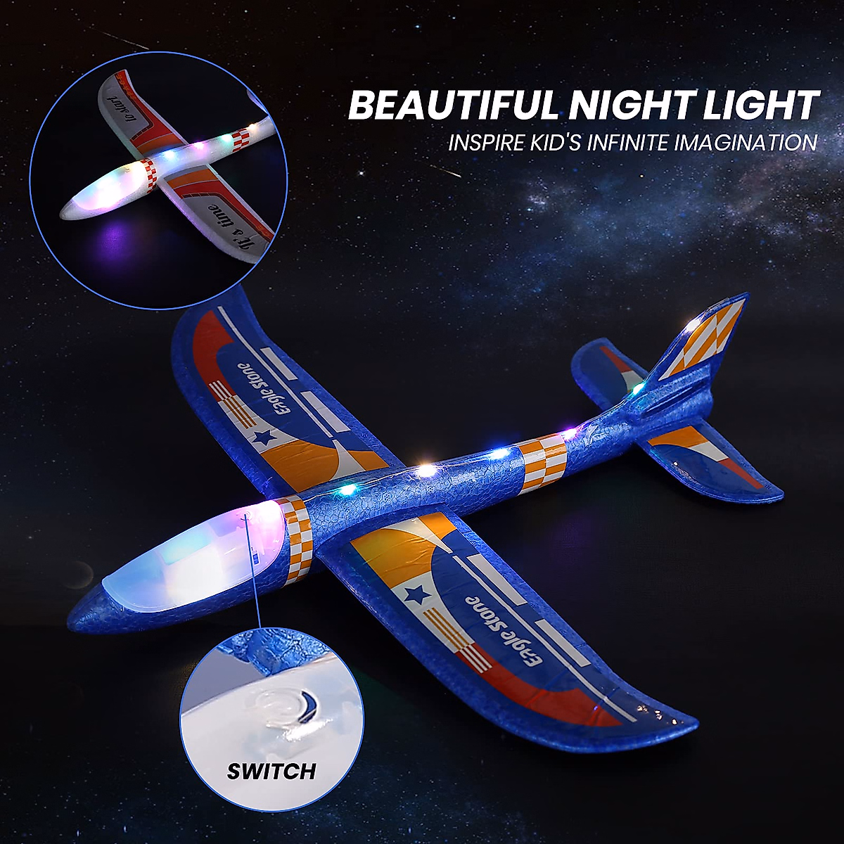 EagleStone Airplane Toy 2 Pack LED Foam Airplane for Kids Large Throwing Foam Plane 2 Flight Mode Glider Plane Flying Toys with 2 Sticker Styrofoam Airplanes for Boys&Girls Age 3 or Above Best Gift