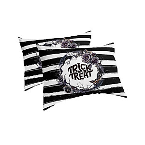 Edwiinsa Halloween Rose Pillow Covers King Standard Set of 2 Bed Pillow, Plush Soft Comfort for Hair/Skin Cooling Pillowcases with Envelop Closure 20x36 Inches Black Geometric Stripes Flower