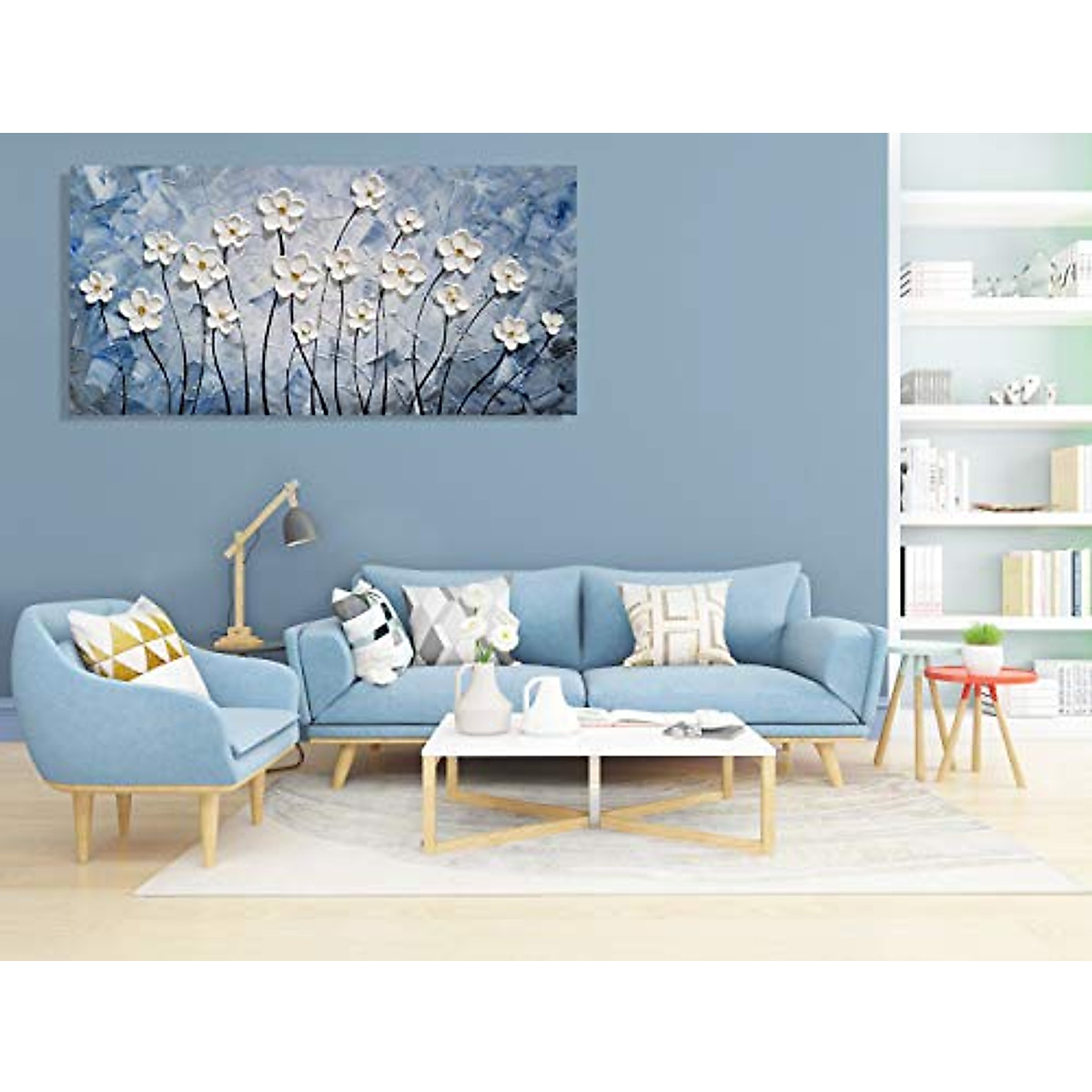 YHSKY ARTS Floral Canvas Wall Art Hand Painted Blue and White Heavy Textured Painting Modern Abstract Flower Pictures Contemporary Artwork for Living Room Bedroom Office Decoration