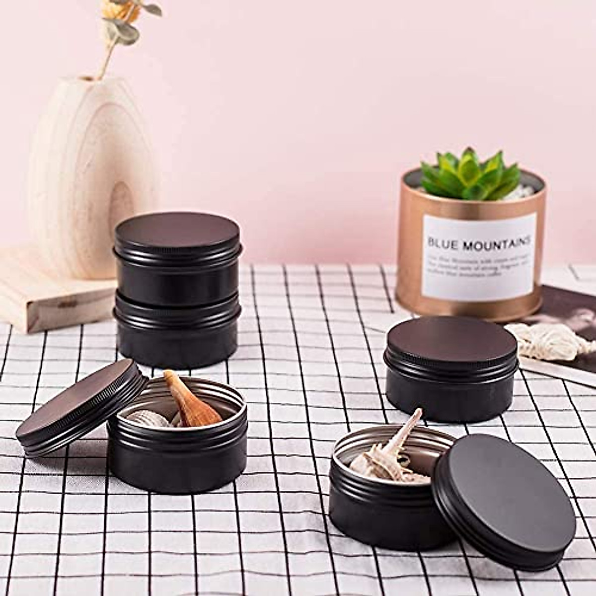Healthcom 15 Packs 5 Oz Aluminum Tins Round Metal Tin Jars Screw Top Lids Steel Tin Cans Cosmetic Sample Containers Food Storage Organization for Accessories Spices Candies Tea Gift Giving(Black)
