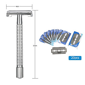 Safety Razor Metal Double-edged Shaving Razor Manual Mustache Removal Traditional Shaving Tool with 20Pcs Razor Blades for Hotel Home Travel (Silver)