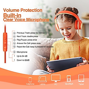 BERIBES Kids Headphones, [Vibrant Orange] Sharing Function HiFi Stereo Comfortable Fit Foldable Headphones for Kids with Microphone, Volume Limiter 85/94dB for School, Online Learning, Kindle, Plane