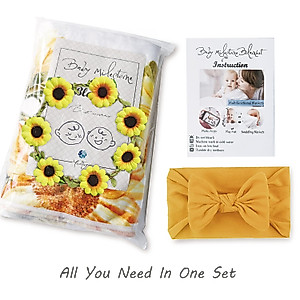 Yoothy Sunflower Baby Monthly Milestone Blanket Girl, Floral Newborns Month Blanket Gift for Baby Shower, Soft Plush Photo Prop Blanket, Wreath &Headband Included, 45''x40''