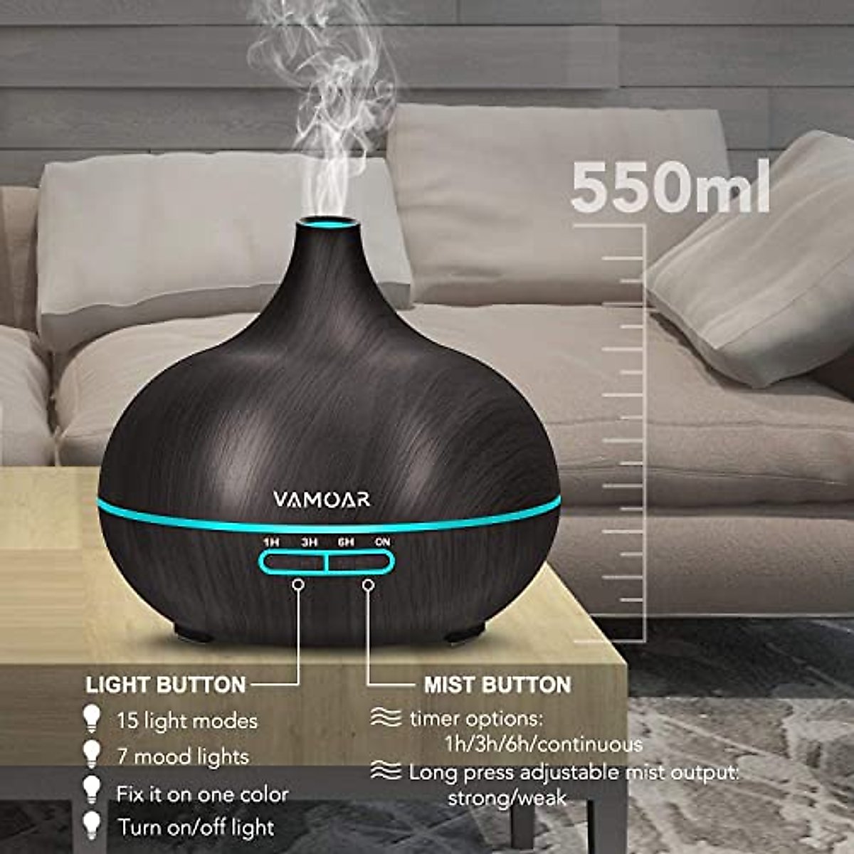 Essential Oil Diffuser Gift Set ，550ml Diffuser & Essential Oil Set, Top 10 Essential Oils, Aromatherapy Diffuser Humidifier with 4 Timer &Auto Shut-Off for & 15 Ambient Light Settings