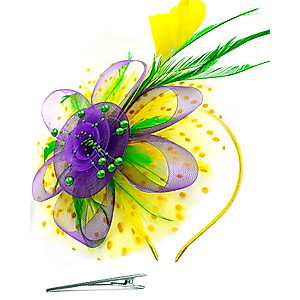 Bniksok Mardi Gras Fascinators for Women Tea Party Hat Yellow Purple Green Headband