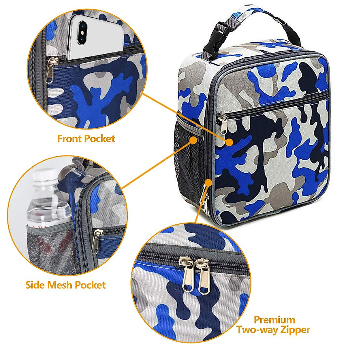 Insulated Lunch Bag, Leakproof Portable Lunch Box for Women Men Boys Girls, Large Capacity Cooler Bag with Handle and Bottle Pocket for Office School Camping Hiking Outdoor Beach Picnic (Camo Blue)