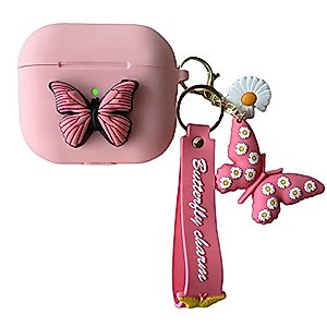 Slinbee Compatible with Airpods 3rd Gen 2021 Case Cover, Cute 3D Butterfly Fashion Cartoon Liquid Silicone Kids Teens Cases with Fun Cool Keychain for Apple Airpods 3rd Generation Charging Case (pink)