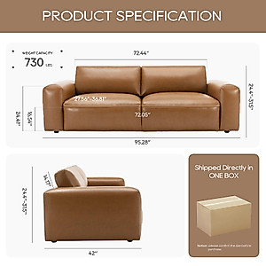 COLAMY 95Inches Oversized PU Leather Sofa for Living Room-Down Filled 3-Seater Modern Sofa with Extra Deep Seats, Wide Arm-Brown