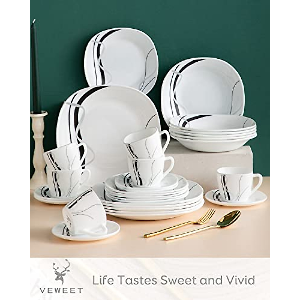 VEWEET Fionaglas 30-Piece Dinnerware Set Ivory White Opal Glassware, Break Resistant Dinner Sets with Dessert Plates/Soup Plates/Dinner Plates/Cups/Saucers Service for 6