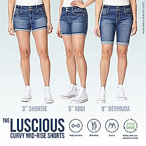 WallFlower Women's Luscious Curvy Denim Mid-Rise Bling Insta Stretch Juniors (Standard and Plus), White Belted Short, 13