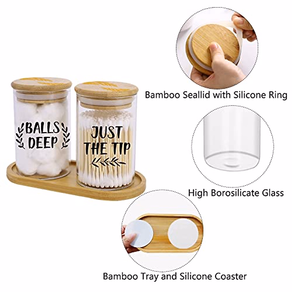 2 Pack Glass Qtip Holder Bathroom Set with Vanity Tray,Apothecary Jars with Bamboo Lids,Bathroom Cotton Ball and Qtip Organizer Storage Container Glass Jar Set