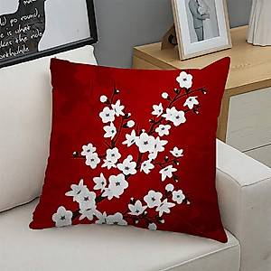 Ofocam Floral Throw Pillow Cover Red Black and White Cherry Blossoms Square Decorative Throw Pillow Cushion Case for Home Couch Living Room Bed Sofa Car 18 x 18 Inches Pillowcase