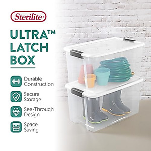 Sterilite 70 Qt Ultra Latch Box, Stackable Storage Bin with Latching Lid, Organize Clothes, Sport Gear in Basement, Clear with White Lid, 16-Pack