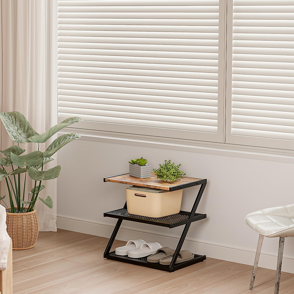 BWOORACKU Shoe Rack, Z-Frame Wooden Shoe Shelf with Heavy-Duty Metal Mesh Shelves for Hallway, Living Room, Closet, and Bedroom Organization - Organize Your Shoes in Style (16.54" x 10.24" x 16.14")