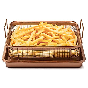 GWONGBAY 2-Piece Copper Crisper Tray,13"L x9" W Oven Pan,Copper Chef,Oven Air Fryer Tray & Mesh Basket Set,Air Fryer Pan,Microwave Bacon Tray,Broiler Pan for Oven,Baking Set Kitchen Supplies -Copper