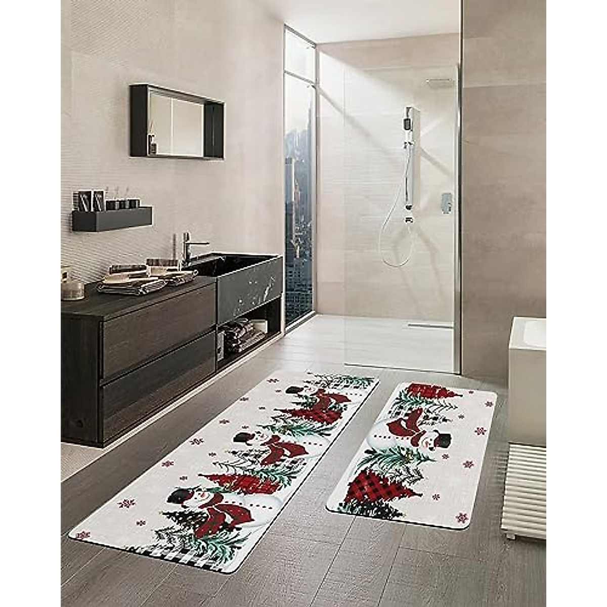 Snowman Bath Mat for Tub,Non Slip Bathroom Floor Runner Rug Quick Dry & Absorbent Diatomaceous Earth Shower Sink Bedroom Kitchen Washable Doormat,Snowflake Christmas Red Buffalo Plaid 24x36+24x71