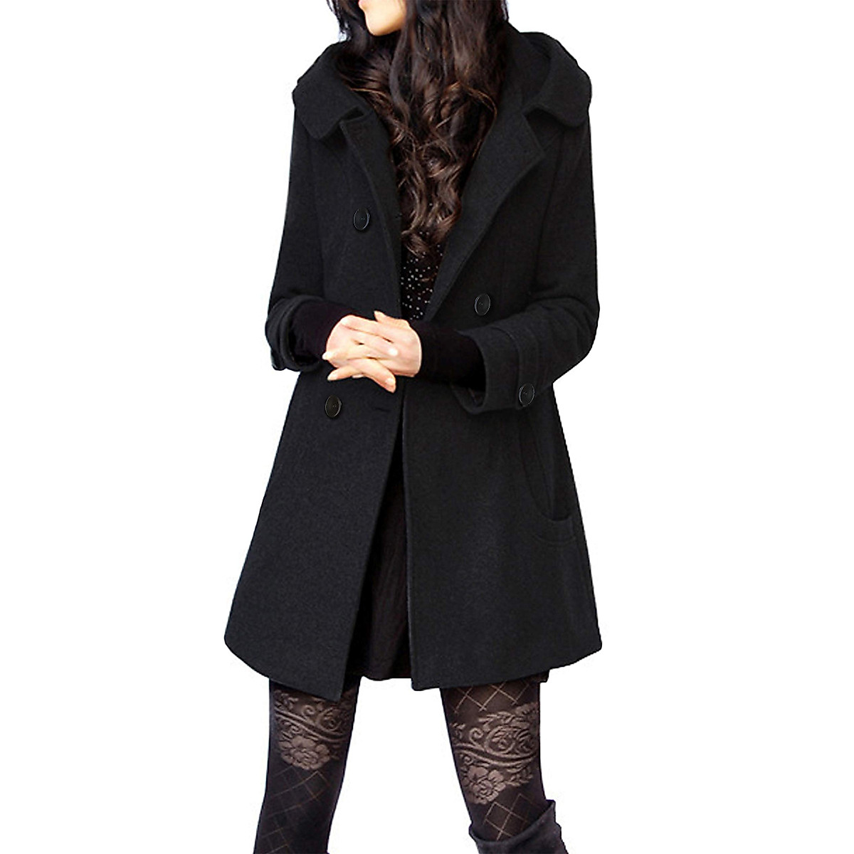 Tanming Women's Warm Double Breasted Wool Pea Coat Trench Coat Jacket with Hood (Black-XL)