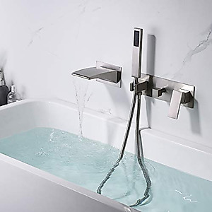 sumerain Wall Mount Tub Filler Brushed Nickel with Waterfall Tub Spout and Handheld Shower, High Flow