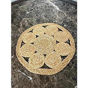 Flower Jute Placemats Set | 100% Natural and Eco-Friendly | Soft & Durable | Round 13" x 13" | Dining Room Table Mat in Natural Jute Color | No Artificial Color (6)