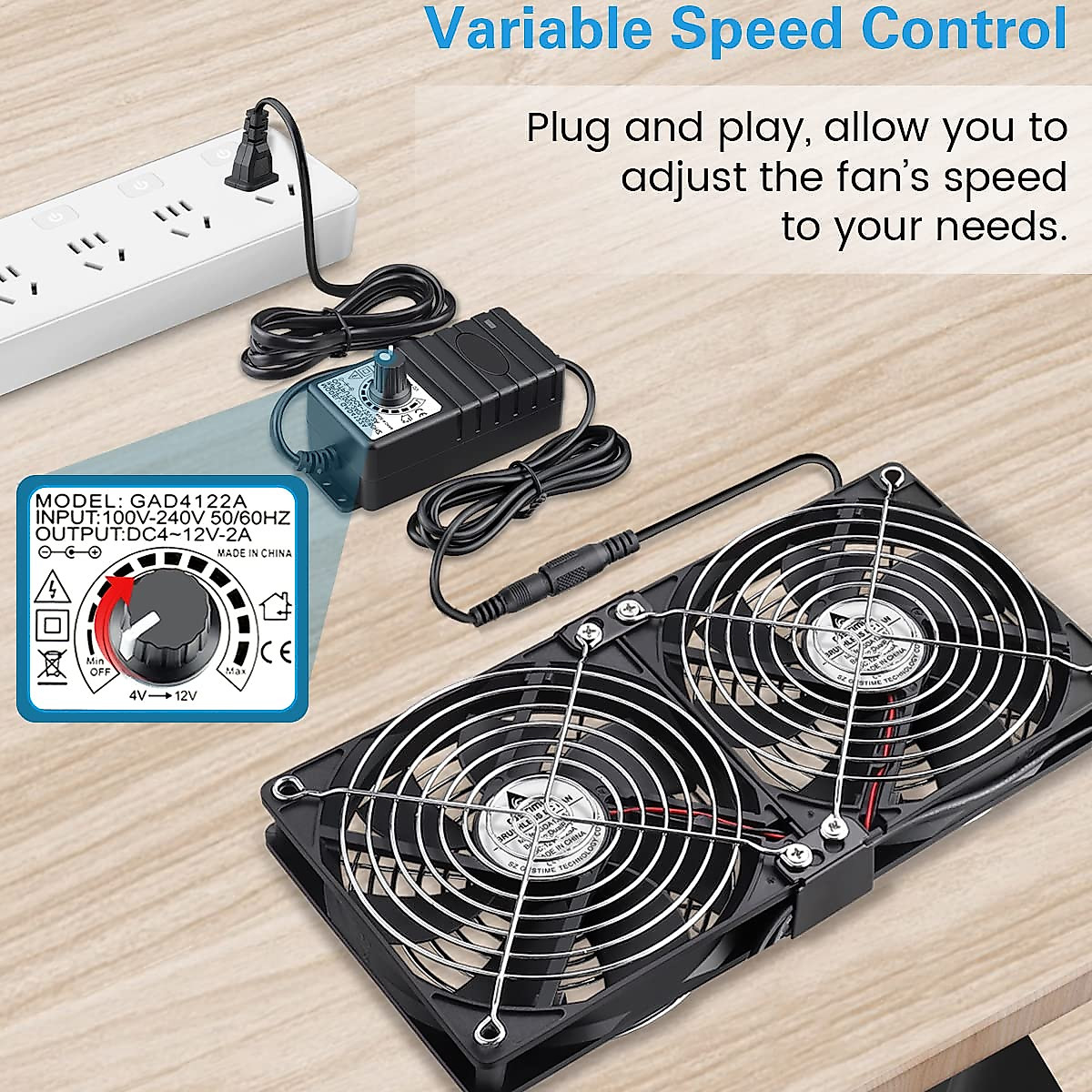 GDSTIME Big Airflow Dual 120mm Fans DC 12V Powered Fan with AC 110V - 240V Speed Control, Cabinet Chassis Cooling Fan, Server Workstation Cooling Fan