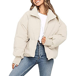 ZESICA Women's Winter Warm Long Sleeve Zip Up Drawsting Baggy Cropped Puffer Down Jacket Coat Outerwear,Cream,X-Small